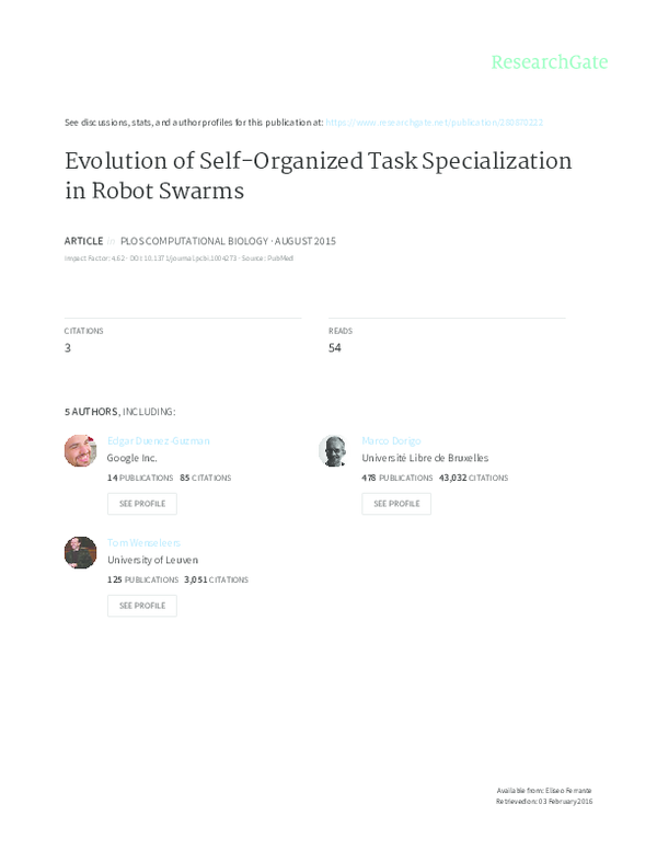 (PDF) Evolution of Self-Organized Task Specialization in Robot Swarms