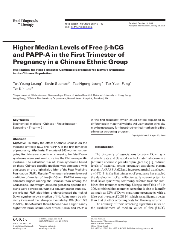 (PDF) Higher Median Levels of Free hCG and PAPP-A in the First ...
