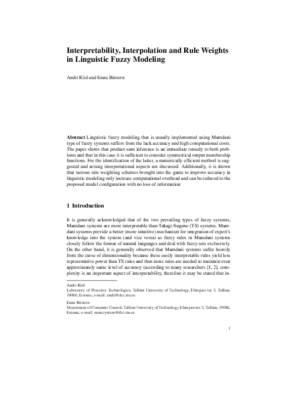 (PDF) Interpretability, Interpolation and Rule Weights in Linguistic Fuzzy Modeling