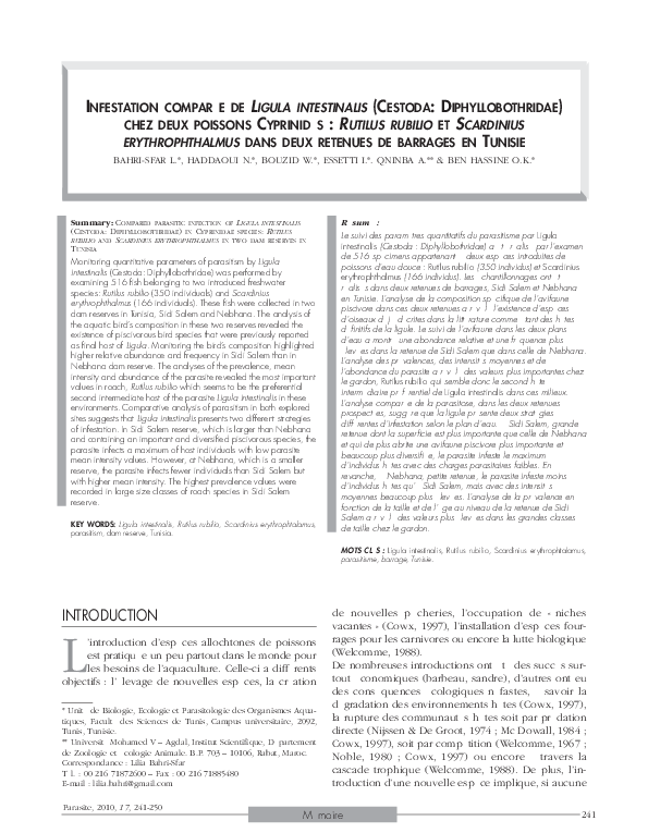 (PDF) [Compared parasitic infection of Ligula intestinalis (Cestoda ...