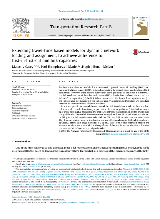 Pdf Extending Travel Time Based Models For Dynamic Network Loading