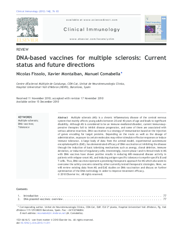 (PDF) DNA-based vaccines for multiple sclerosis: Current status and ...