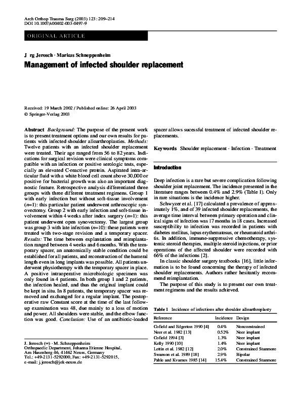 (PDF) Management of infected shoulder replacement