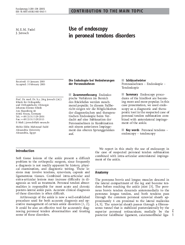 (PDF) Use of endoscopy in peroneal tendons disorders | Joerg Jerosch - Academia.edu