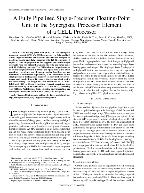 Pdf A Fully Pipelined Single Precision Floating Point Unit In The Synergistic Processor