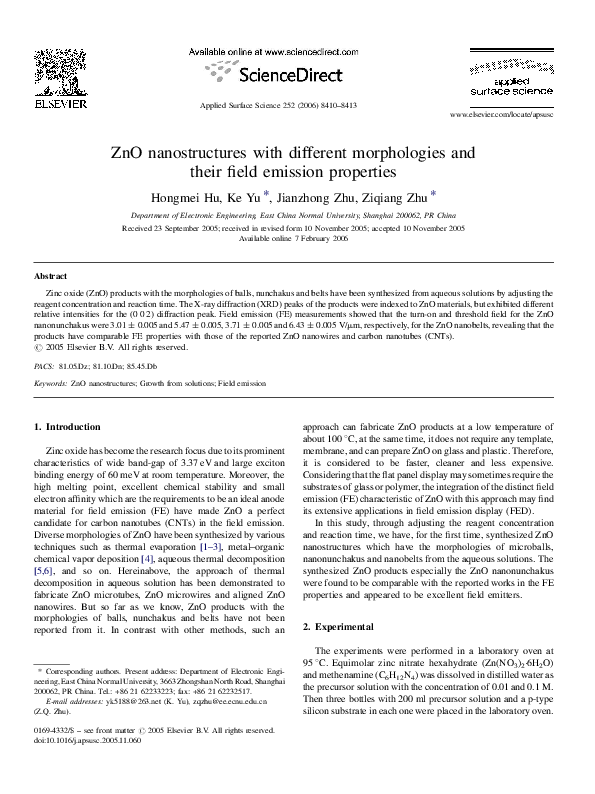 (PDF) ZnO nanostructures with different morphologies and their field ... (PDF) ZnO nanostructures with different morphologies and their field ...