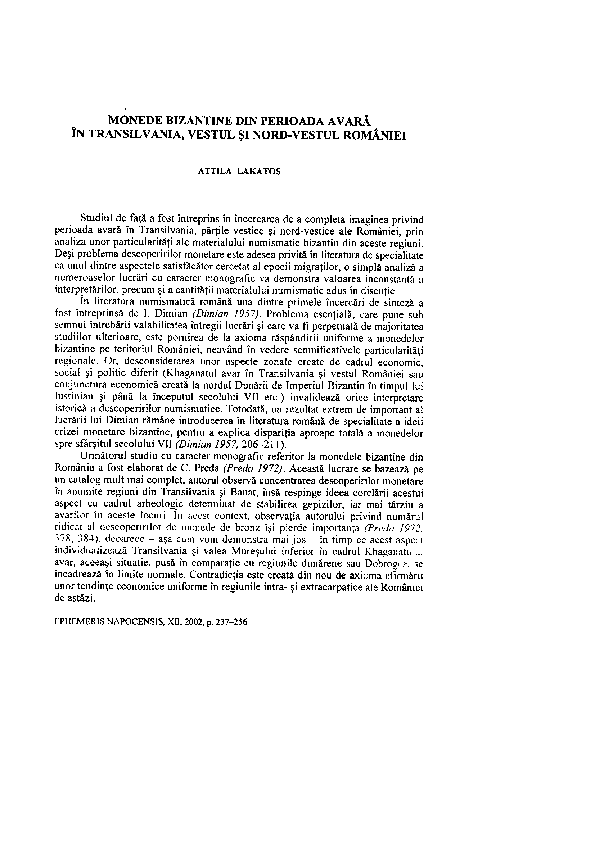 (PDF) Monede bizantine din perioada avară în Transilvania, vestul şi ...
