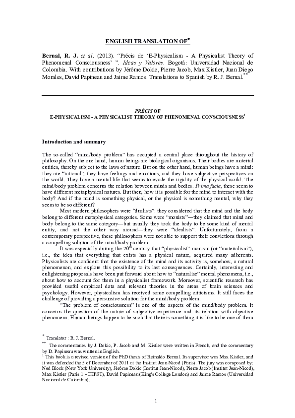 (PDF) Précis of "E-Physicalism. A Physicalist Theory of Phenomenal ...