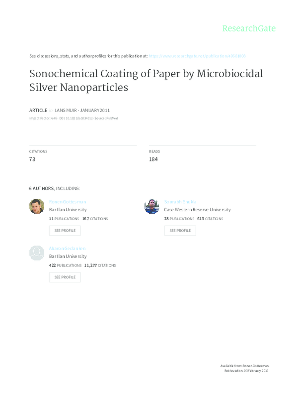 (PDF) Sonochemical Coating of Paper by Microbiocidal Silver Nanoparticles