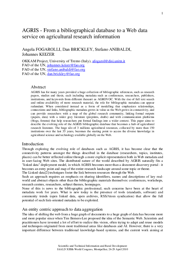 (PDF) AGRIS-From a Bibliographical Database to a Web Data Service on ...