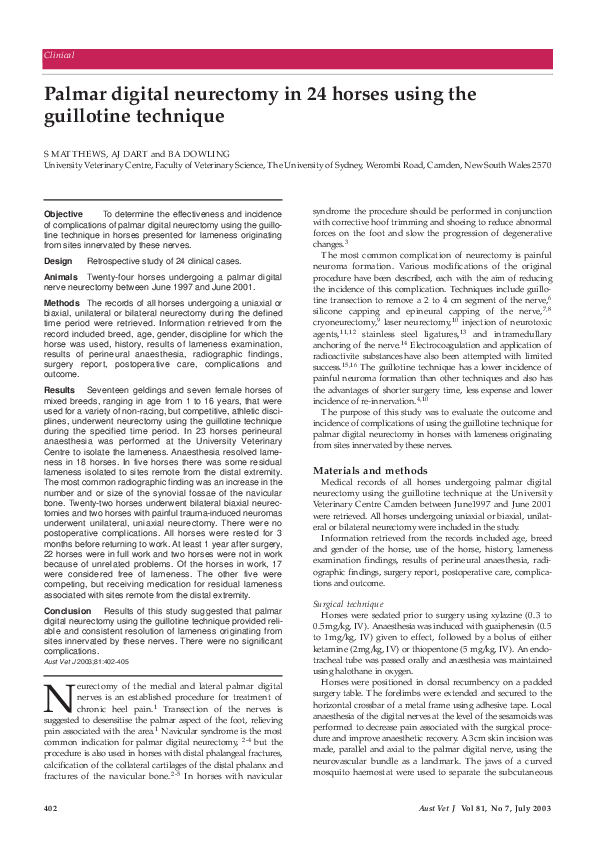 (PDF) Palmar digital neurectomy in 24 horses using the guillotine technique
