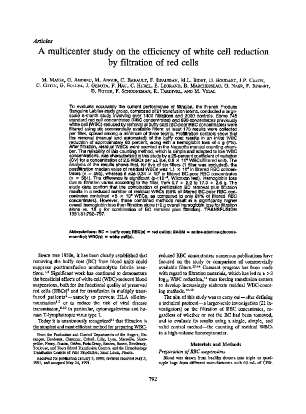 (PDF) A multicenter study on the efficiency of white cell reduction by ...