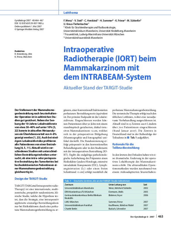 (PDF) Intraoperative Radiotherapie (IORT) beim Mammakarzinom mit dem ...