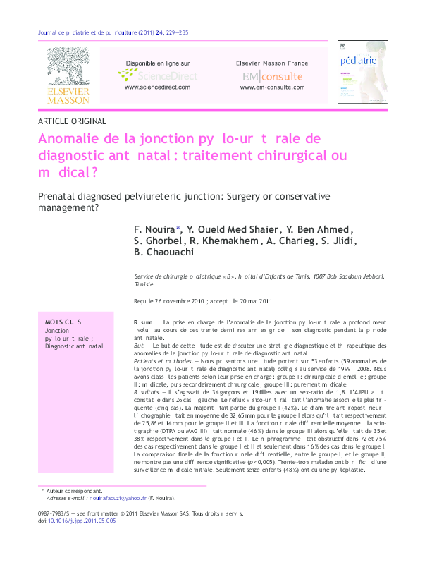 (PDF) Anomalie de la jonction pyélo-urétérale de diagnostic anténatal ...