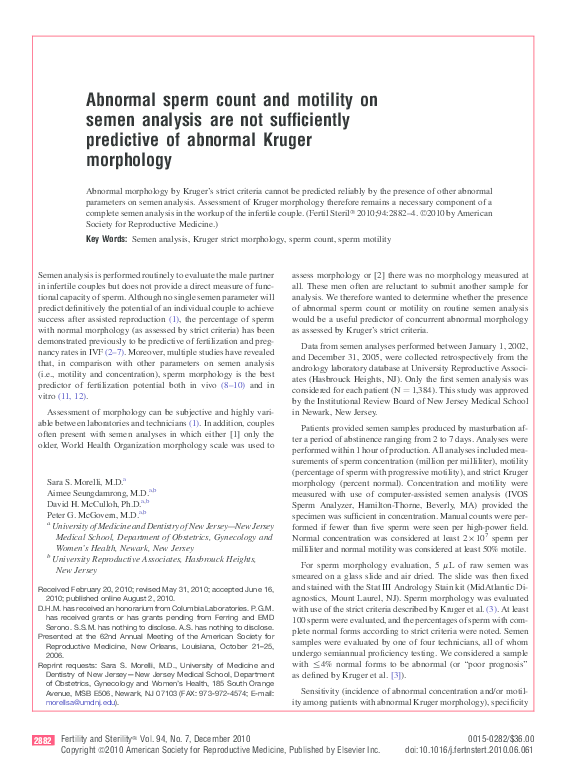 (PDF) Abnormal sperm count and motility on semen analysis are not ...