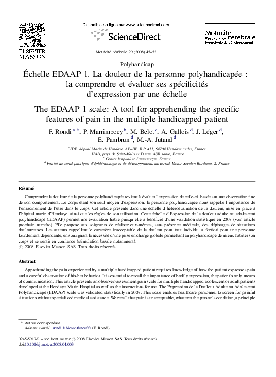 (PDF) Échelle EDAAP 1. La douleur de la personne polyhandicapée : la ...