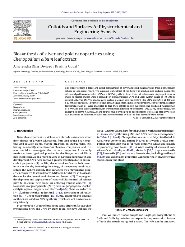 (PDF) Biosynthesis of silver and gold nanoparticles using Chenopodium album leaf extract