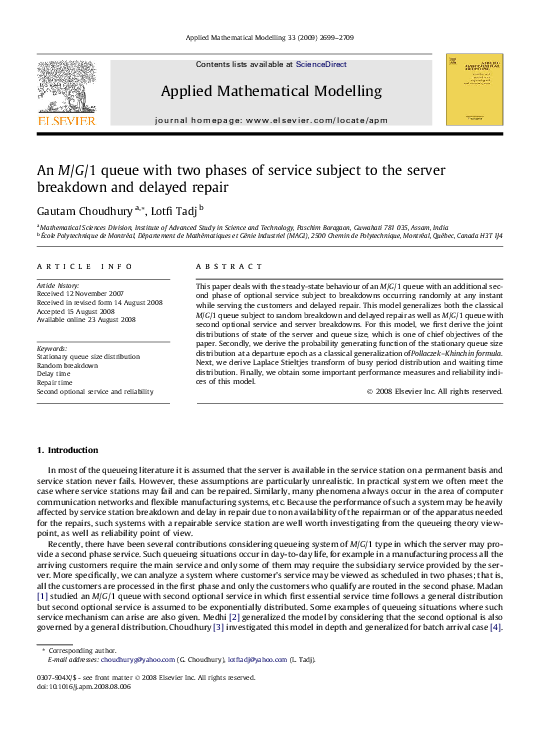 (PDF) An M/G/1 queue with two phases of service subject to the server breakdown and delayed repair