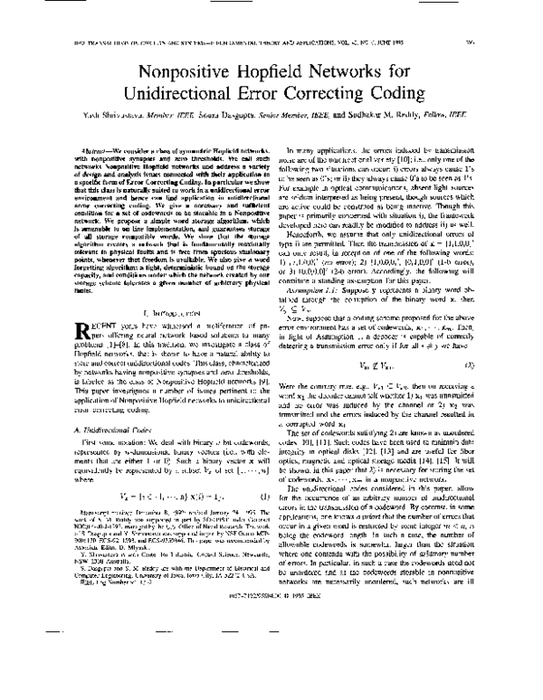 (PDF) Nonpositive Hopfield networks for unidirectional error correcting coding