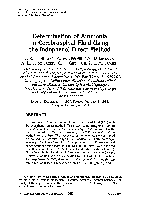 (PDF) Determination of ammonia in cerebrospinal fluid using the ...