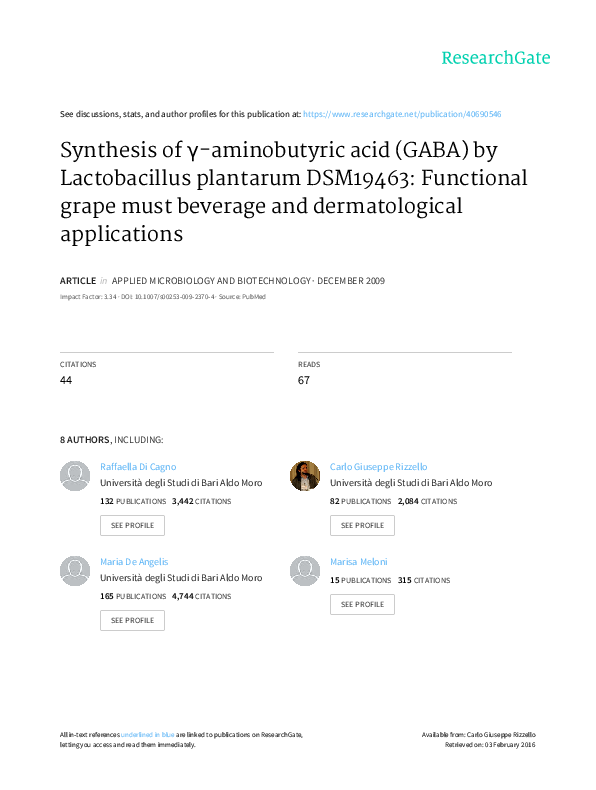 (PDF) Synthesis of gamma-aminobutyric acid (GABA) by Lactobacillus plantarum DSM19463 ...