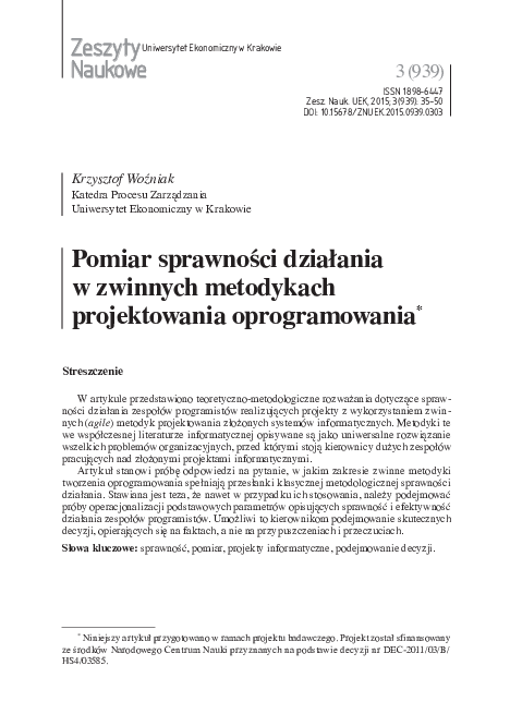 Pomiar sprawności działania w zwinnych metodykach projektowania oprogramowania | Krzysztof ...