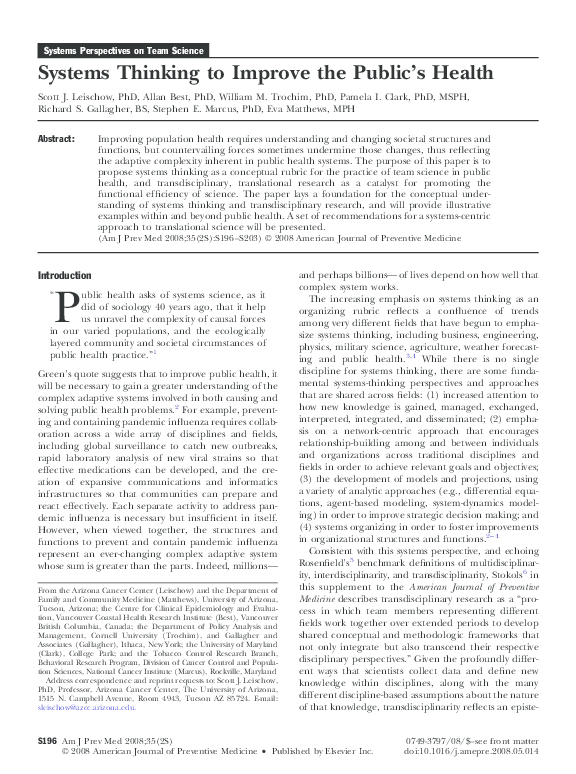 (PDF) Systems Thinking to Improve the Public's Health
