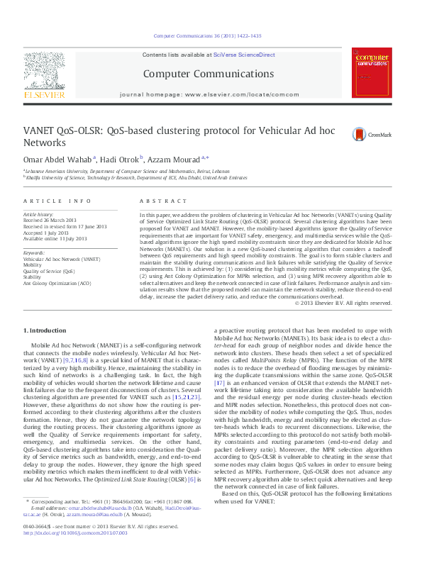 Pdf Vanet Qos Olsr Qos Based Clustering Protocol For Vehicular Ad Hoc Networks