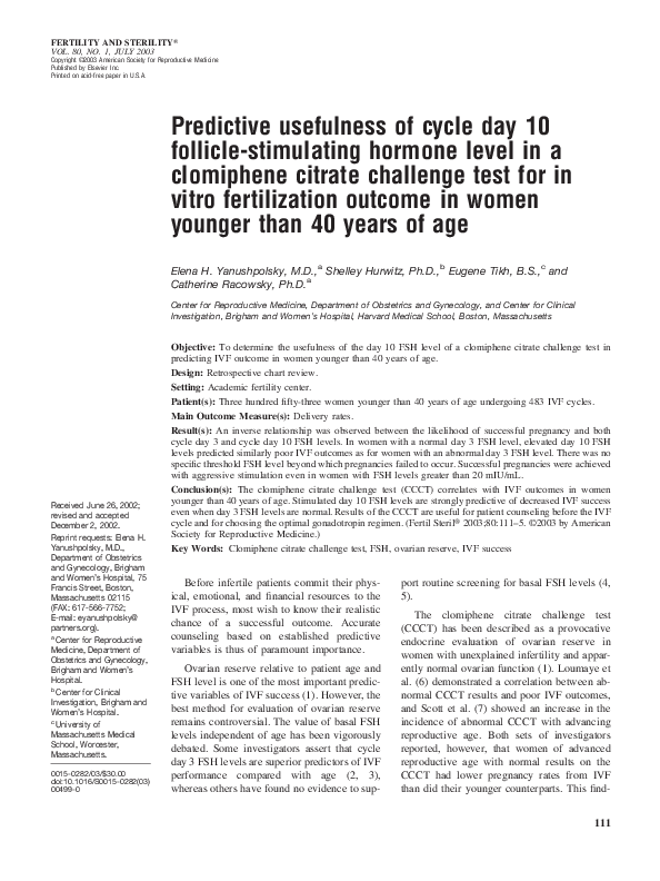 (PDF) Predictive usefulness of cycle day 10 follicle-stimulating ...