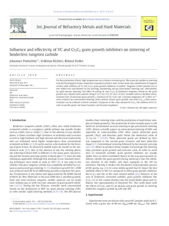 (PDF) Influence and effectivity of VC and Cr3C2 grain growth inhibitors ...