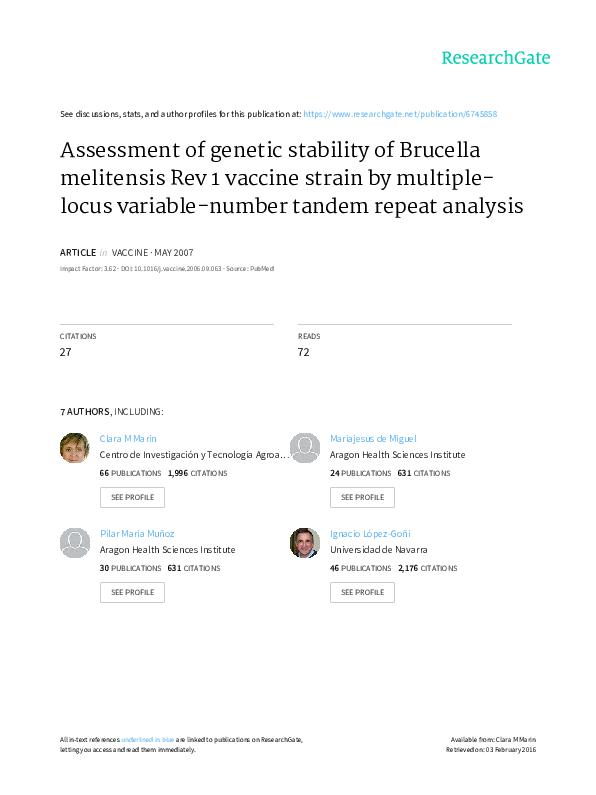 (PDF) Assessment of genetic stability of Brucella melitensis Rev 1 vaccine strain by multiple ...