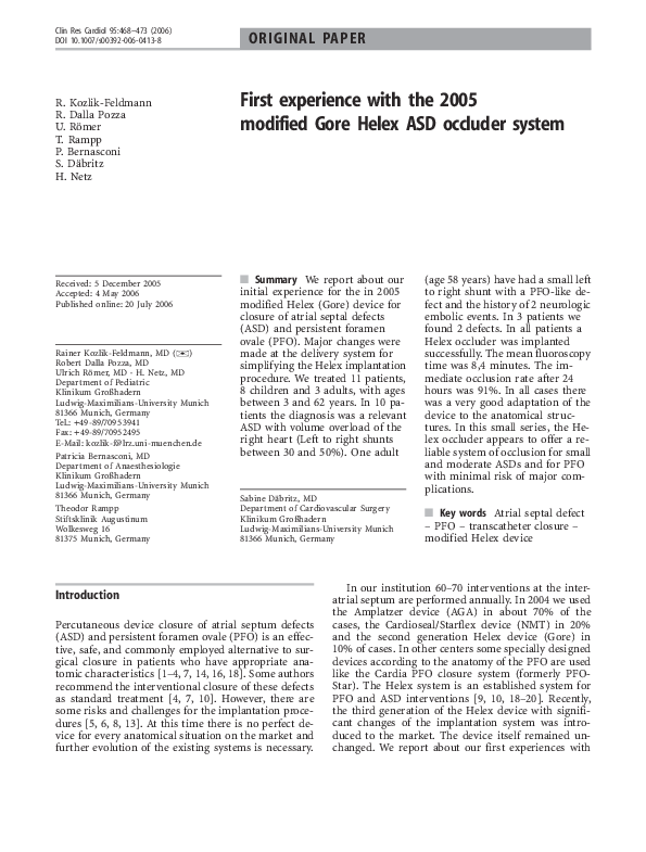 (PDF) First experience with the 2005 modified Gore Helex ASD occluder ...