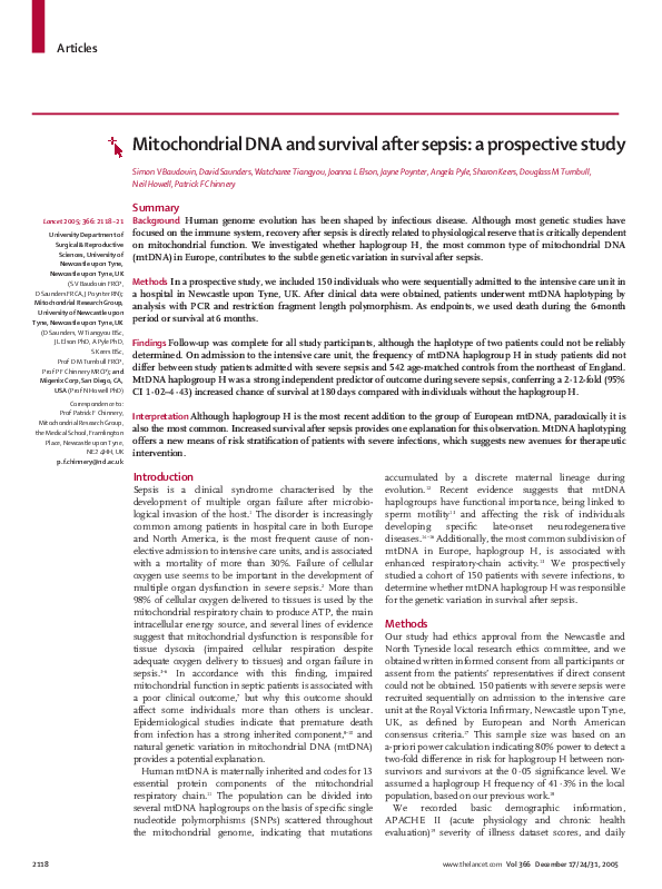 (PDF) Mitochondrial DNA and survival after sepsis: a prospective study