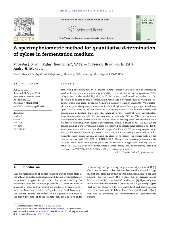 (PDF) A spectrophotometric method for quantitative determination of xylose in fermentation medium