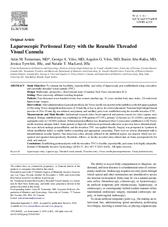 (PDF) Laparoscopic Peritoneal Entry with the Reusable Threaded Visual ...