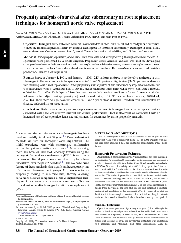 (PDF) Propensity analysis of survival after subcoronary or root ...
