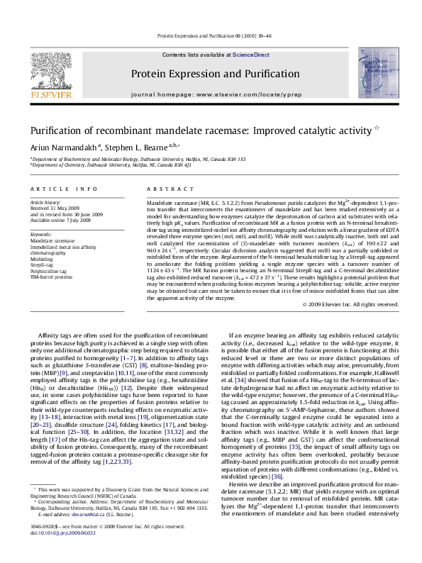 (PDF) Purification of recombinant mandelate racemase: Improved ...