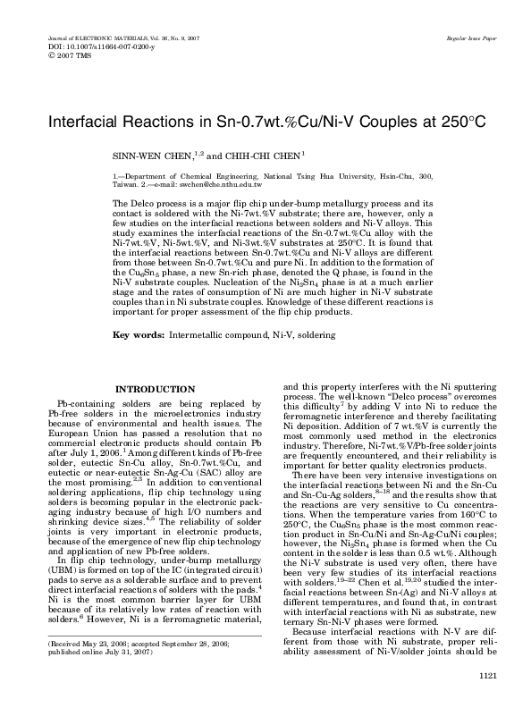 (PDF) Interfacial Reactions in Sn-0.7wt.%Cu/Ni-V Couples at 250°C