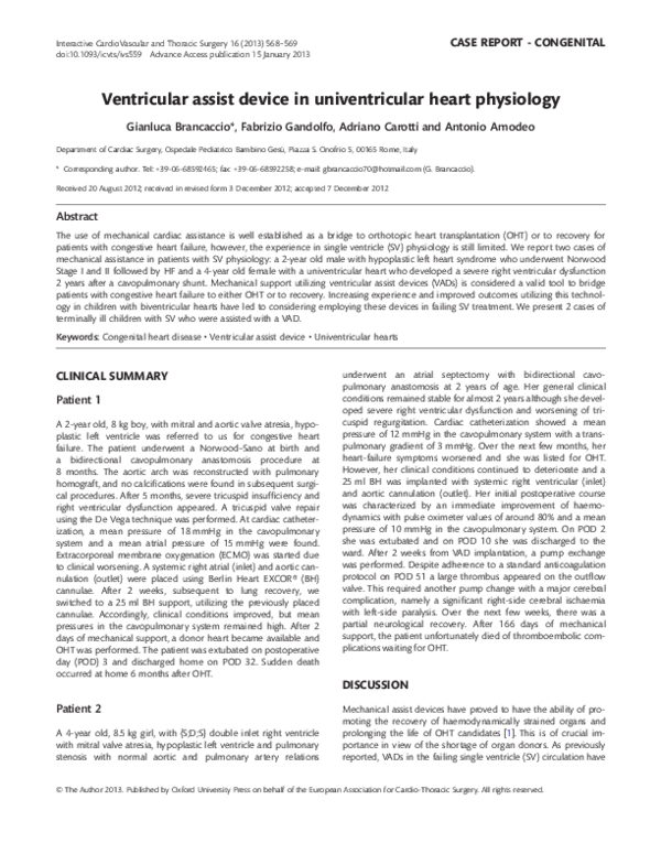 (PDF) Ventricular assist device in univentricular heart physiology