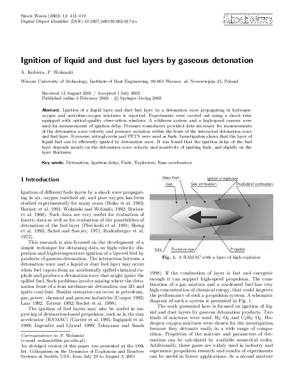 (PDF) Ignition of liquid and dust fuel layers by gaseous detonation