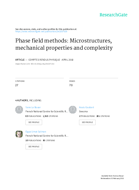(PDF) Phase field methods: Microstructures, mechanical properties and complexity