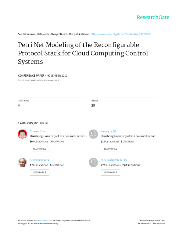 (PDF) Petri Net Modeling of the Reconfigurable Protocol Stack for Cloud Computing Control Systems