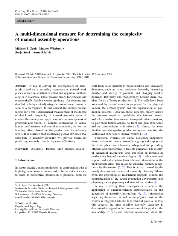 (PDF) Measuring Complexity in Manual Assembly Tasks