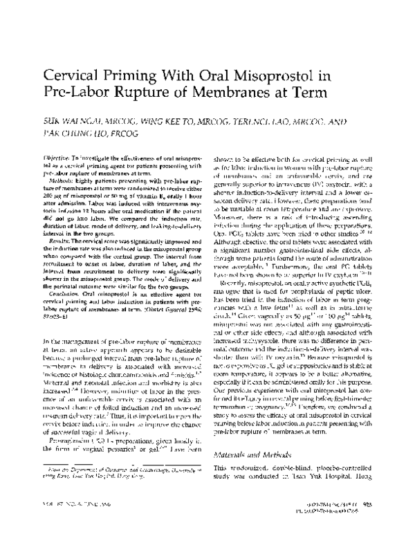 (PDF) Cervical Priming With Oral Misoprostol in Pre-Labor Rupture of ...