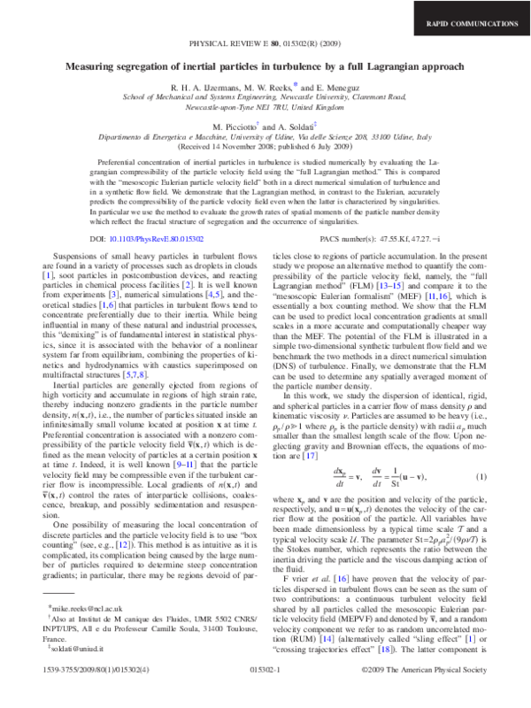 (PDF) Measuring segregation of inertial particles in turbulence by a full Lagrangian approach