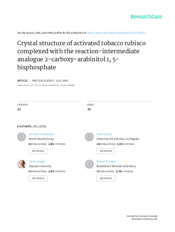 (PDF) Crystal structure of activated tobacco rubisco complexed with the ...