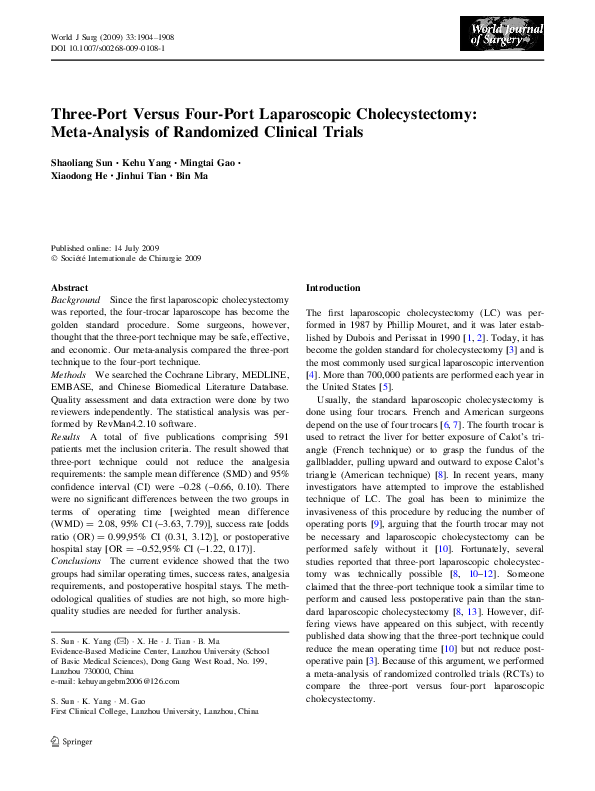 (PDF) Three-Port Versus Four-Port Laparoscopic Cholecystectomy: Meta-Analysis of Randomized ...