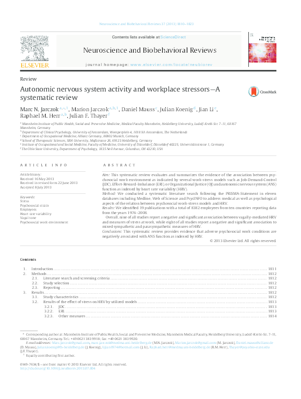 (PDF) Autonomic nervous system activity and workplace stressors—A ...