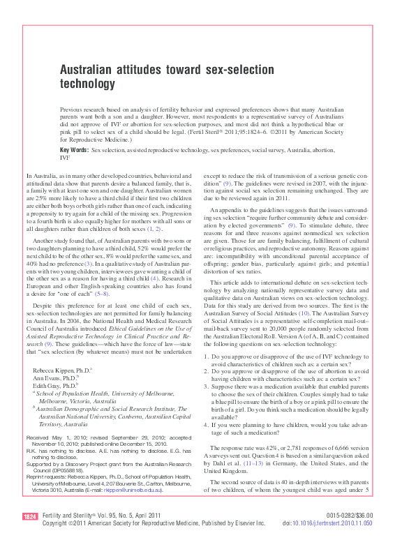 Pdf Australian Attitudes Toward Sex Selection Technology Fertility And Sterility 2011