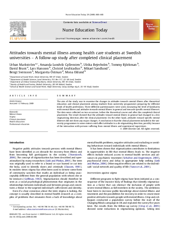(PDF) Attitudes towards mental illness among health care students at Swedish universities – A ...